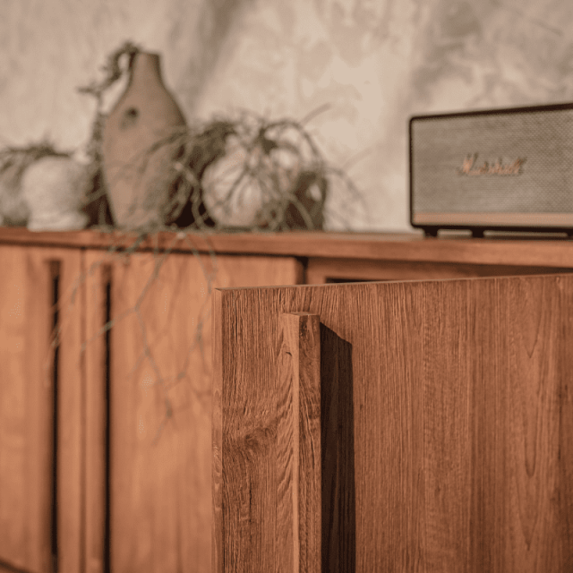 Grand buffet vintage en teck recyclé et métal SIXTIES 194cm 4 portes