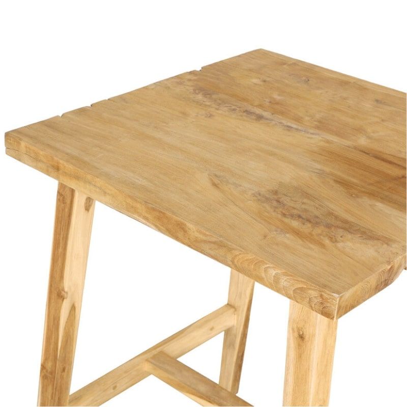 Table haute carre en teck massif brossé brut 80cm