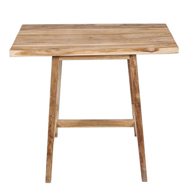 Table haute carre en teck massif brossé brut 80cm