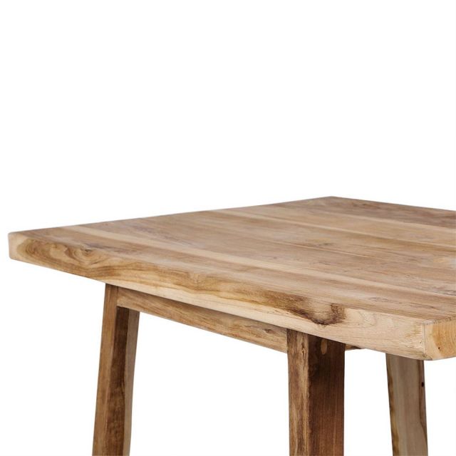 Table haute carre en teck massif brossé brut 80cm