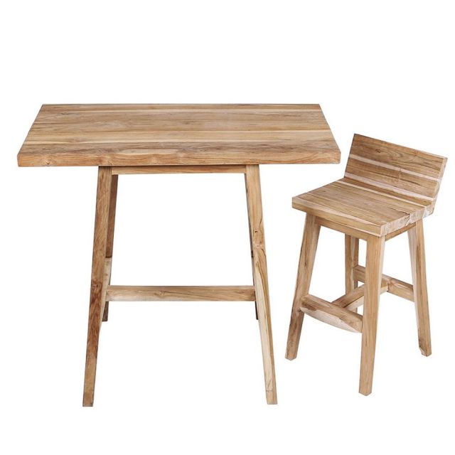 Table haute carre en teck massif brossé brut 80cm